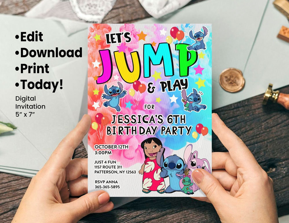 Invitación a fiesta de Stitch Jump: plantilla editable de cumpleaños de ...