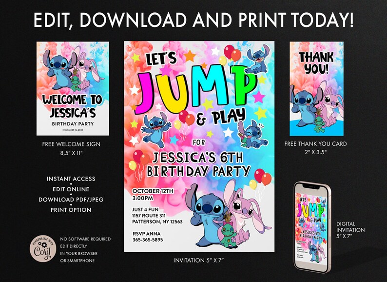 Stitch and Angel Let's Jump Birthday Invitation Stitch - Etsy