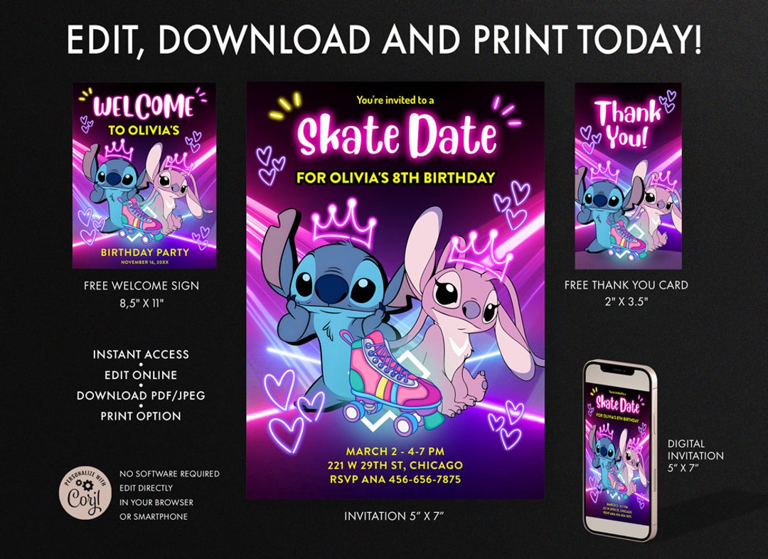 Invitación de cumpleaños de patinaje sobre ruedas de Angel y Stitch ...