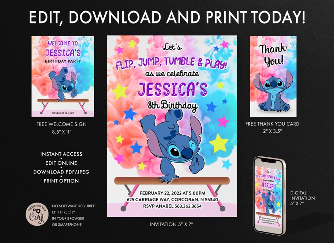 Stitch Gymnastics Birthday Invitation, Stitch Gymnastics Thank You Card ...