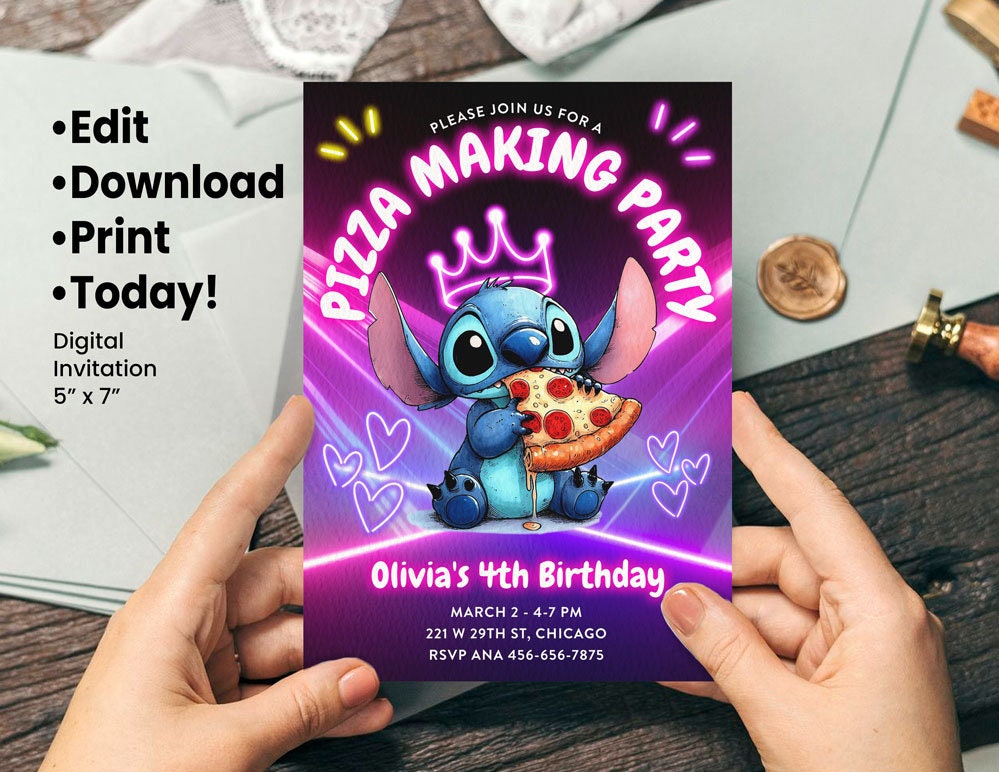 Stitch Pizza Party Invitation, Pizza Party Birthday Invitation, Stitch ...