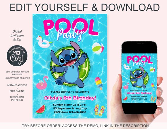 Stitch Pool Party Birthday Invitation - Etsy