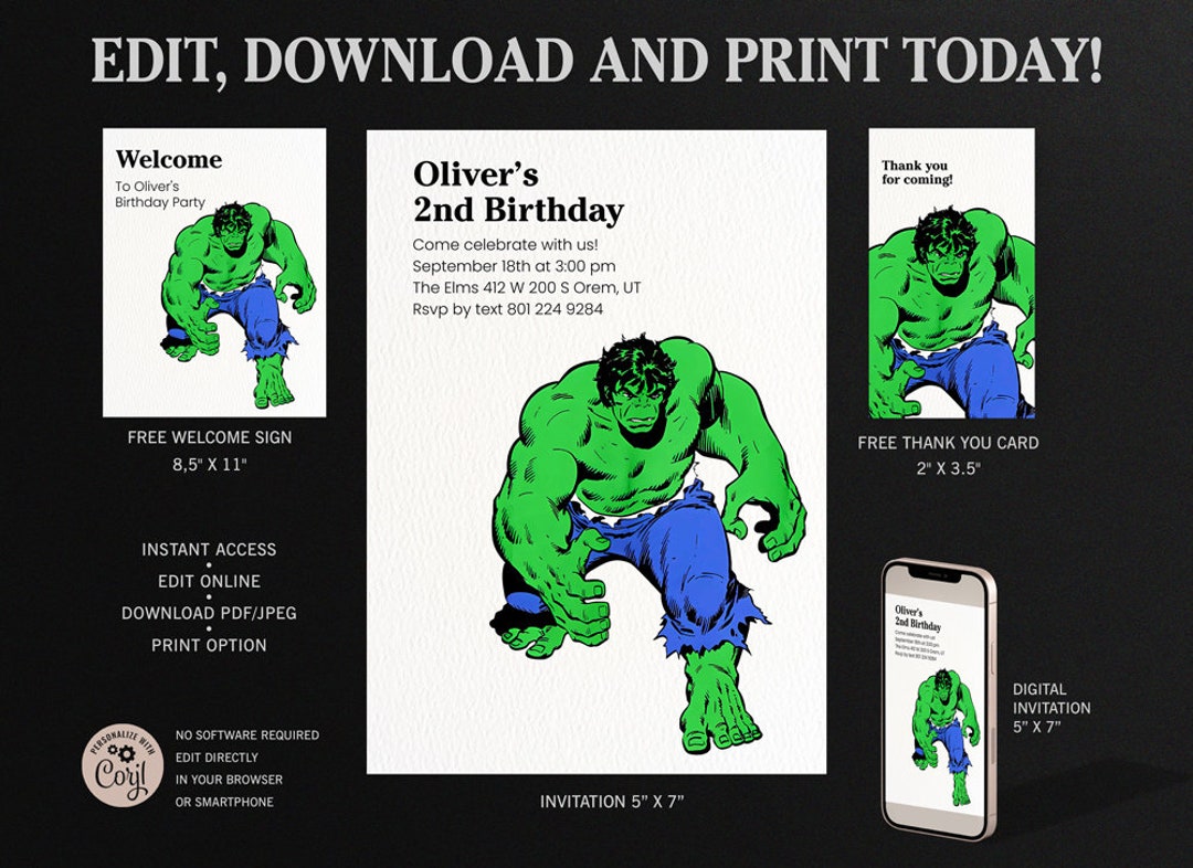 Hulk Birthday Party Invitation, Hulk Thank You Card, and Welcome Sign ...