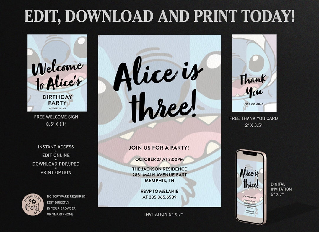 Invitación de cumpleaños de Stitch, tarjeta de agradecimiento, signo de ...