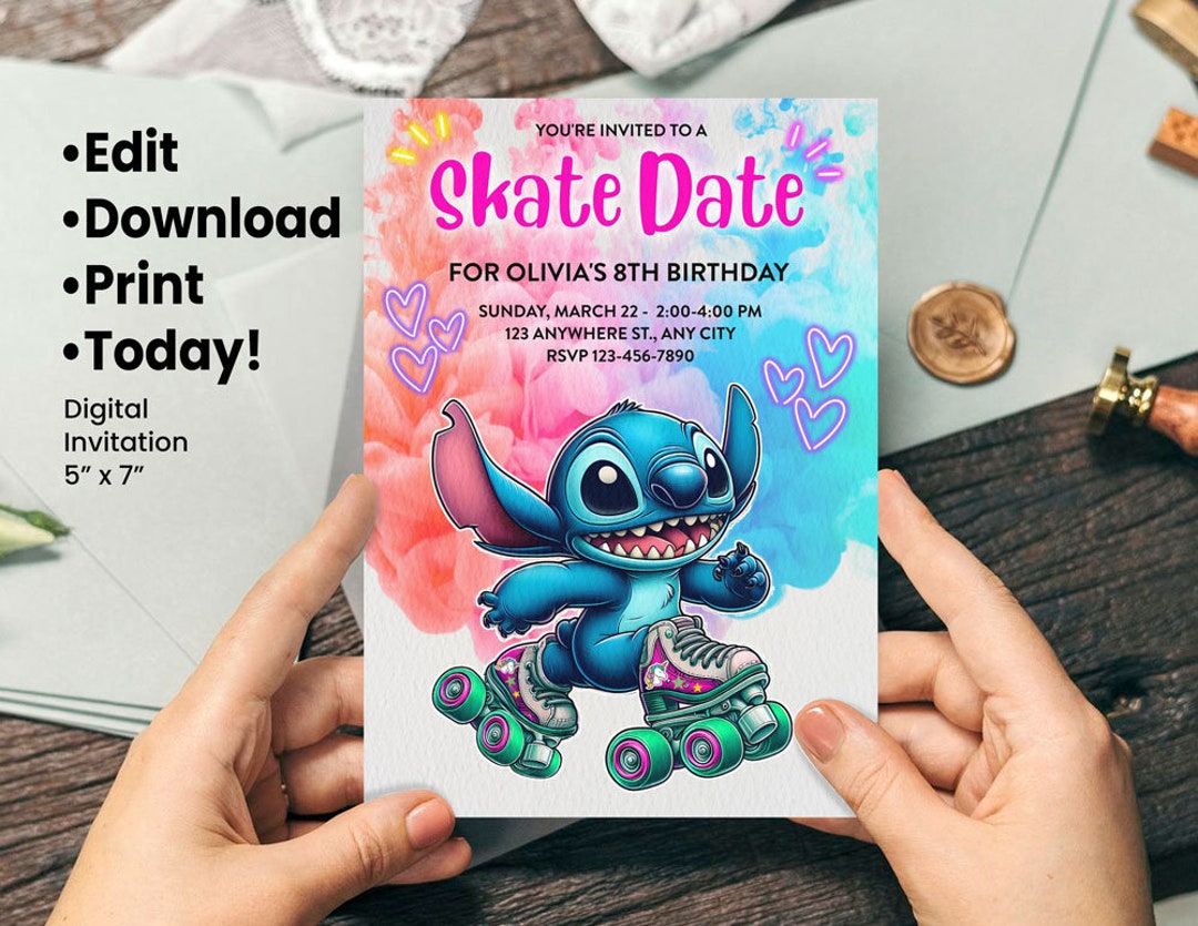 Stitch Roller Skating Birthday Invitation – Editable Digital Download ...