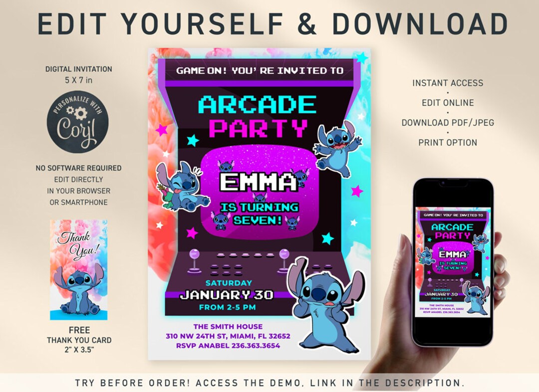 Stitch Arcade Party Birthday Invitation Stitch Thank You Card - Etsy