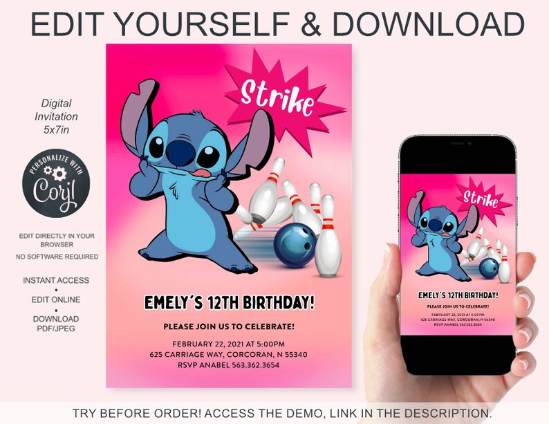 Stitch Bowling Birthday Invitation Bowling Birthday - Etsy