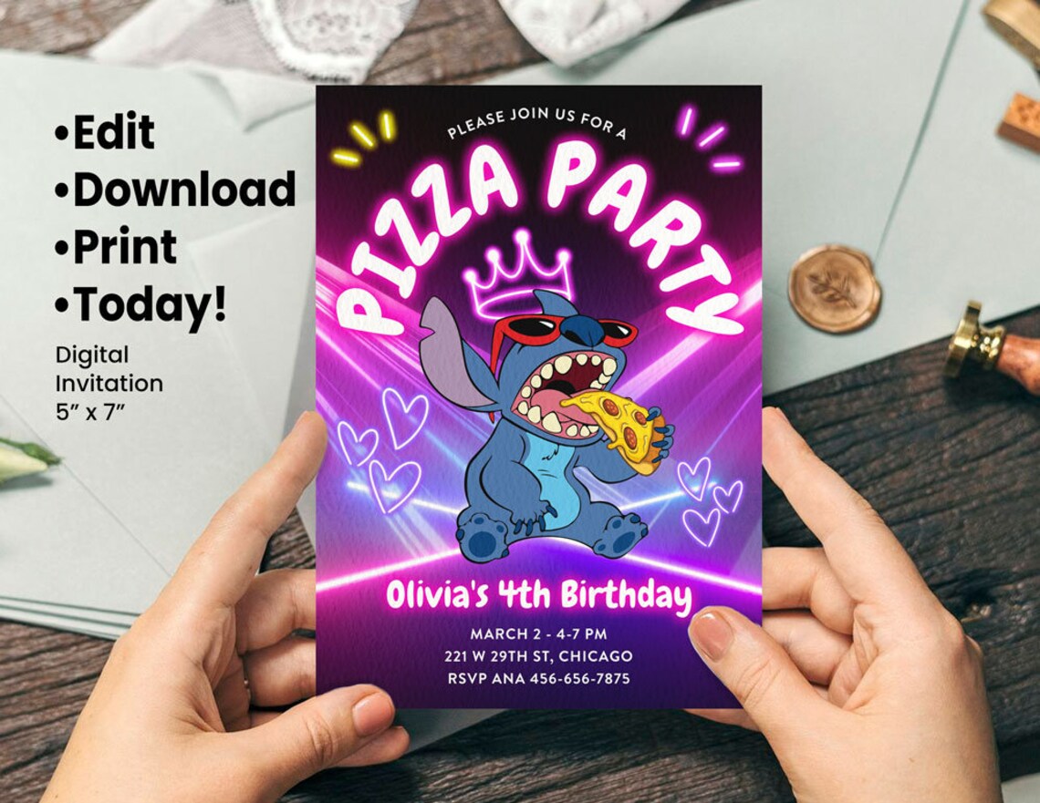Stitch Pizza Party Invitation Pizza Party Birthday - Etsy