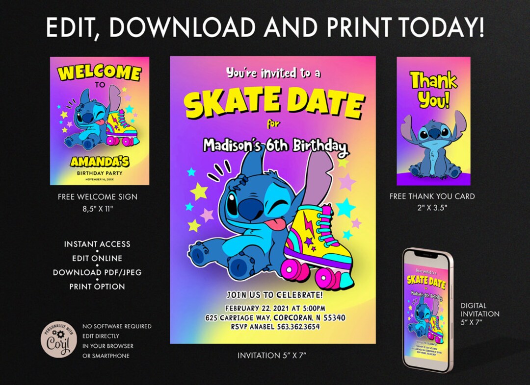 Stitch Roller Skating Birthday Invitation, Stitch Roller Skating Thank ...