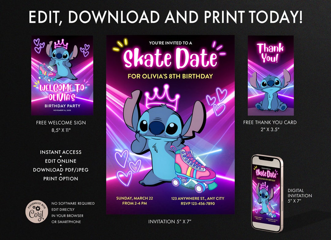 Stitch Roller Skating Birthday Invitation, Roller Skates Party ...