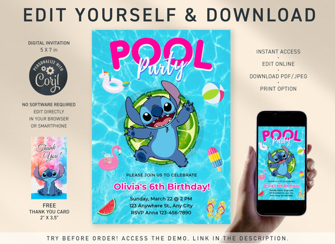 Stitch Pool Party Birthday Invitation Summer Pool Party - Etsy