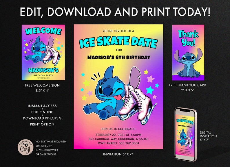 Stitch Ice Skating Birthday Invitation Ice Skate Party - Etsy