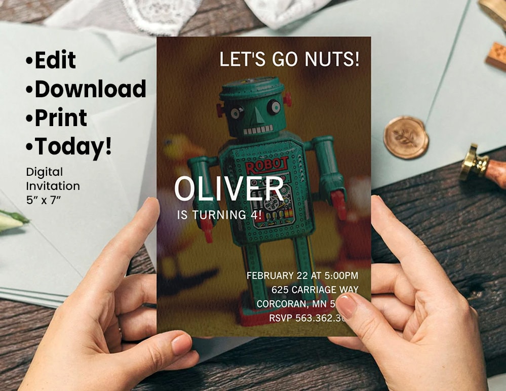 Robot Birthday Party Invitation Template Robot Thank You - Etsy