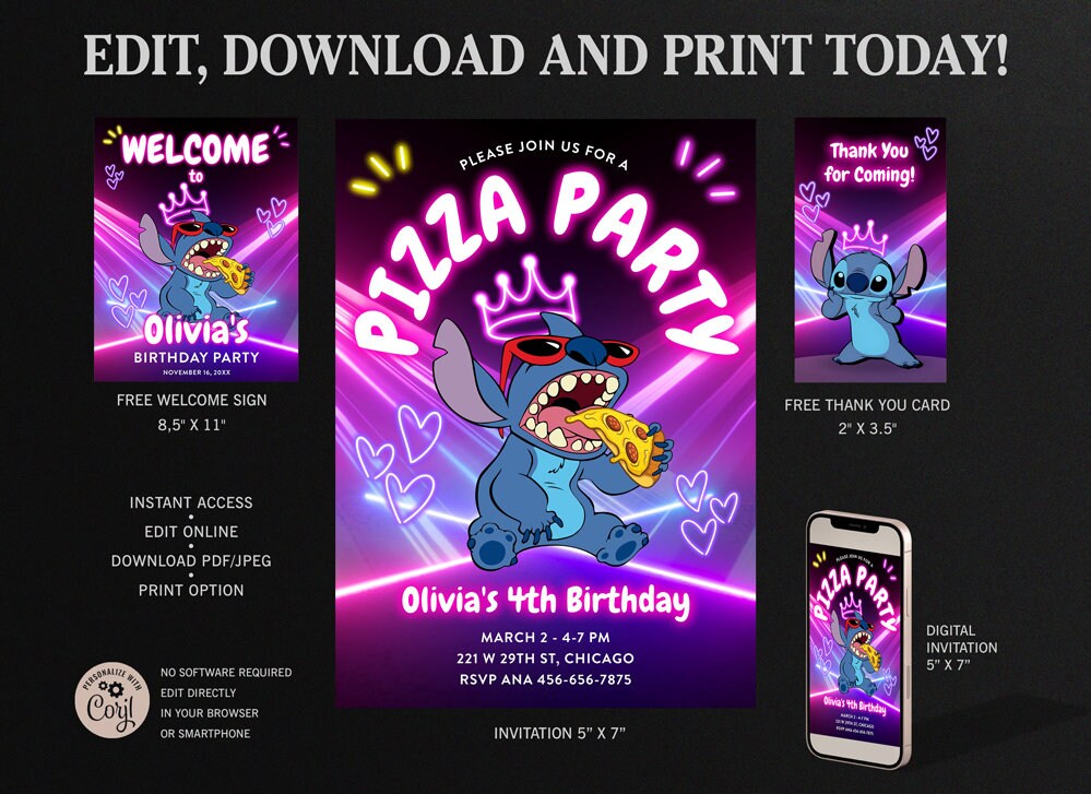 Stitch Pizza Party Invitation Pizza Party Birthday - Etsy