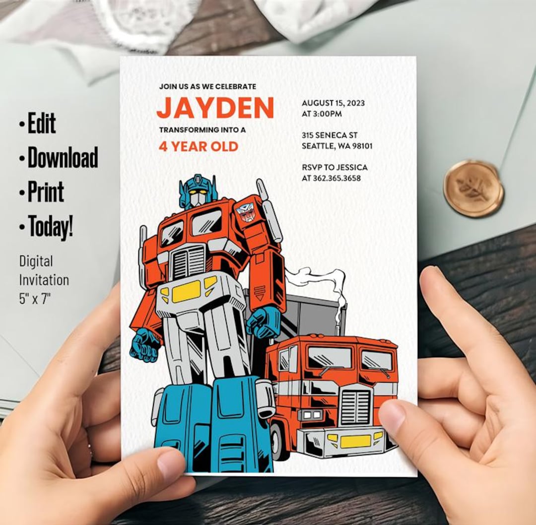 Optimus Prime Birthday Invitation - Editable Digital Party Template ...