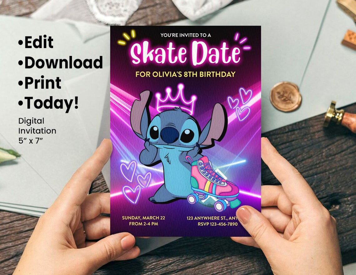 Stitch Roller Skating Birthday Invitation – Editable Digital Download ...