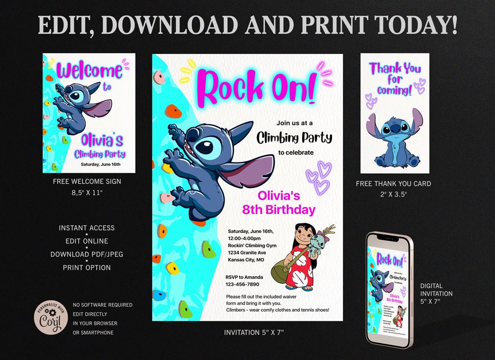 Stitch Climbing Birthday Invitations Climbing Party - Etsy