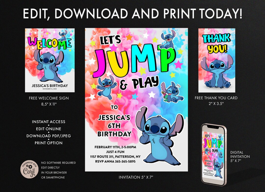 Stitch Let's Jump Birthday Invitation, Stitch Thank You Card, Stitch ...