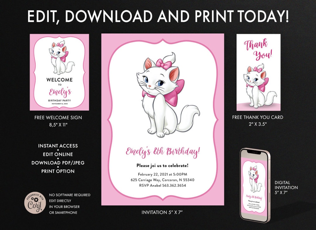 Marie the Cat Birthday Invitation, Marie the Cat Thank You Card, Marie ...