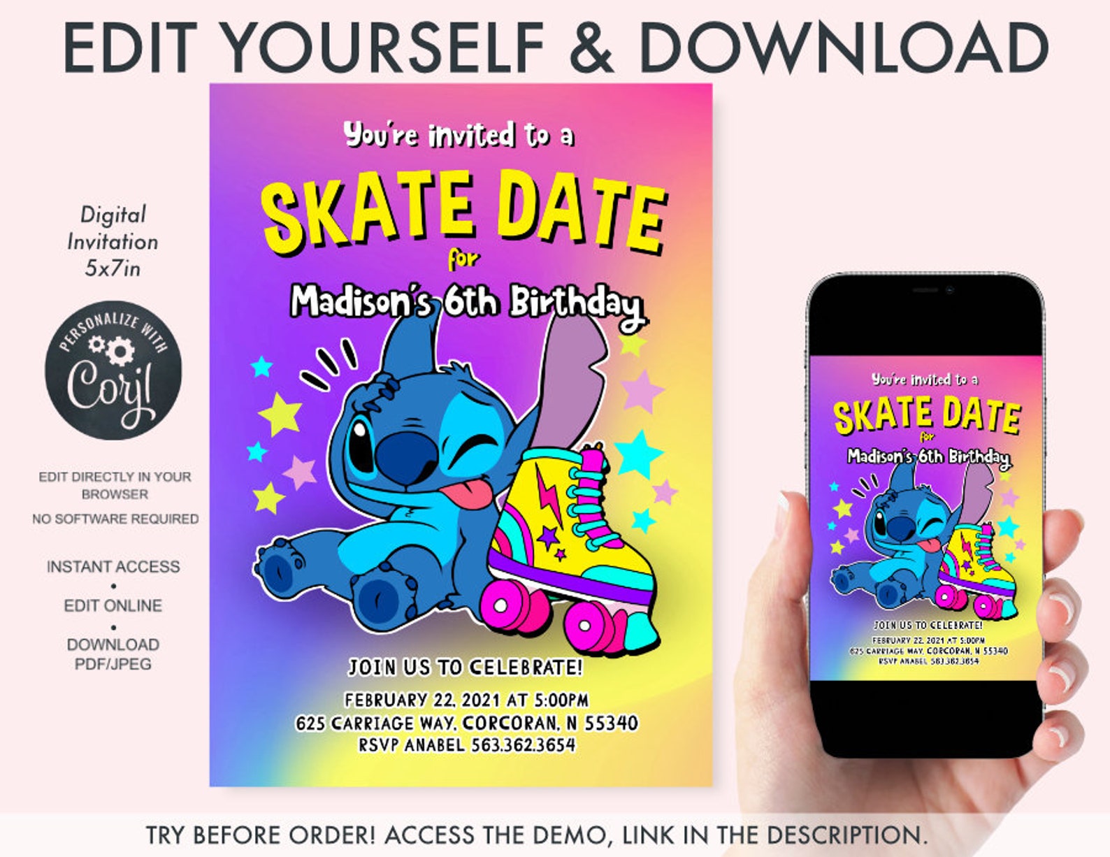 Stitch Roller Skating Birthday Invitation - Etsy