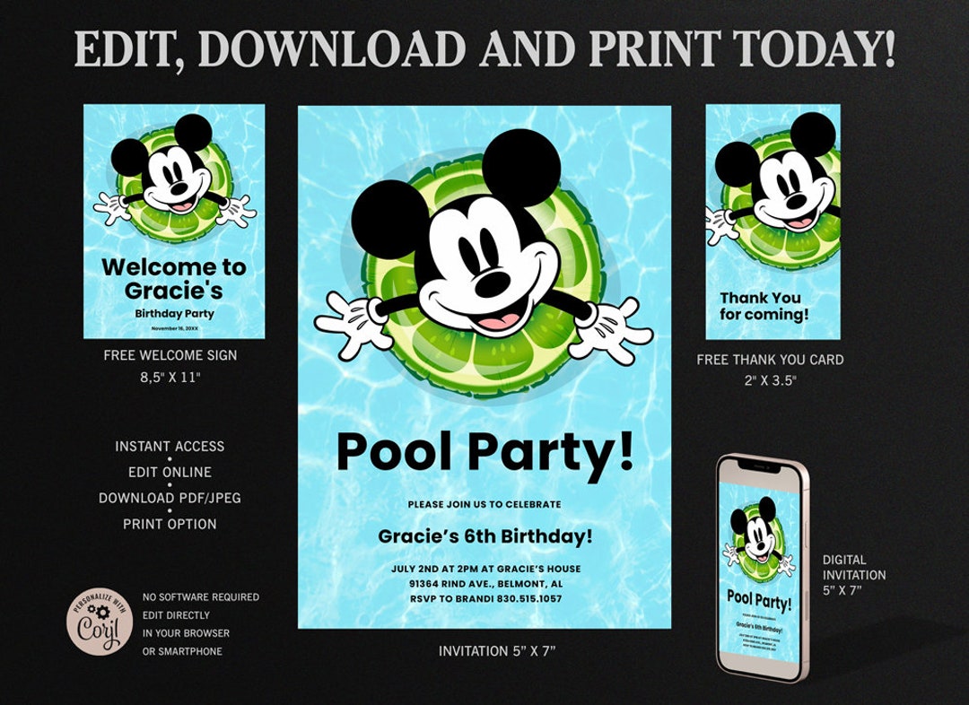 Mickey Pool Party Invitation, Mickey Thank You Card, Mickey Welcome ...