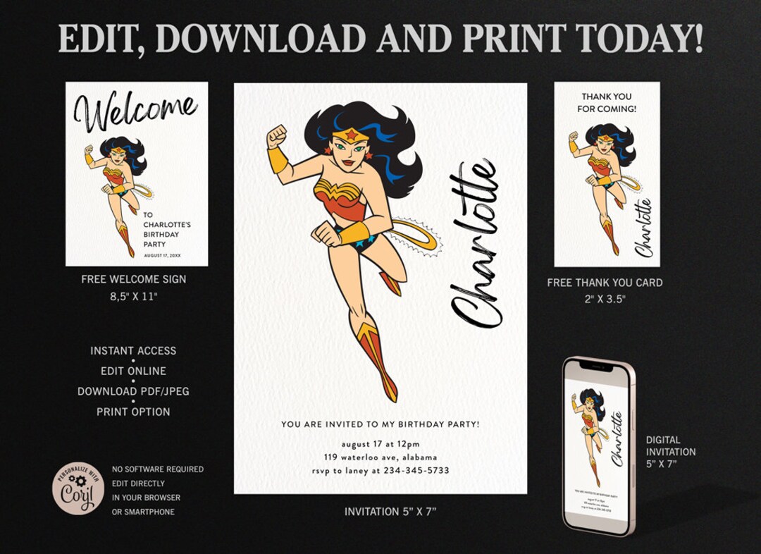 Wonder Woman Birthday Party Invitation, Thank You Card, Welcome Sign - Etsy