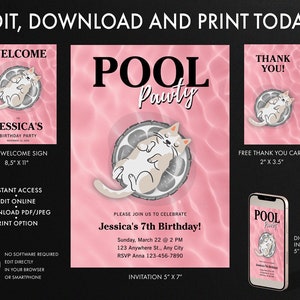 Cat Pool Party Birthday Invitation, Pool Pawty Invitation, Cat in the ...