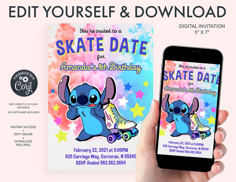 Stitch Roller Skating Birthday Invitation | Etsy