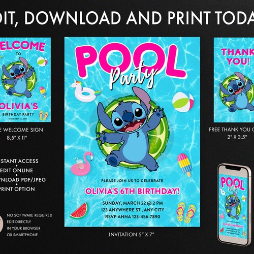 Stitch Pool Party Birthday Invitation Summer Pool Party - Etsy