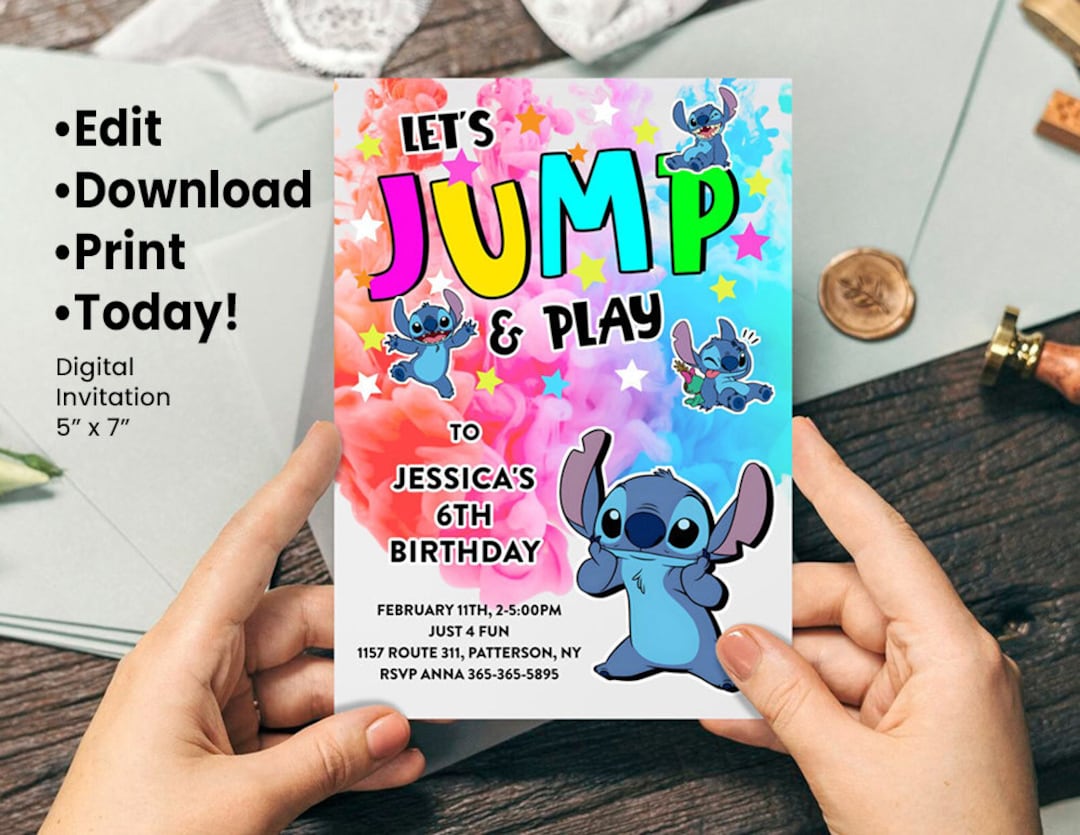 Stitch Let's Jump Birthday Invitation – Editable Trampoline Party ...
