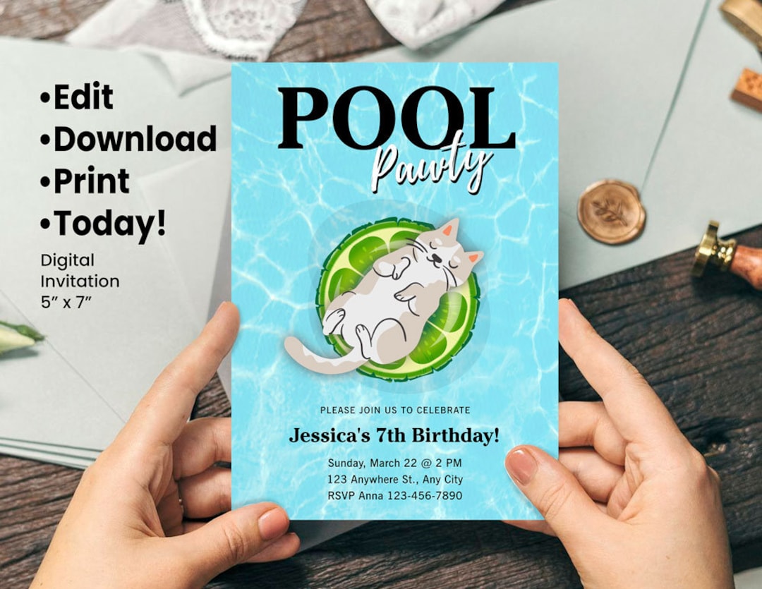 Cat Pool Party Birthday Invitation - Etsy