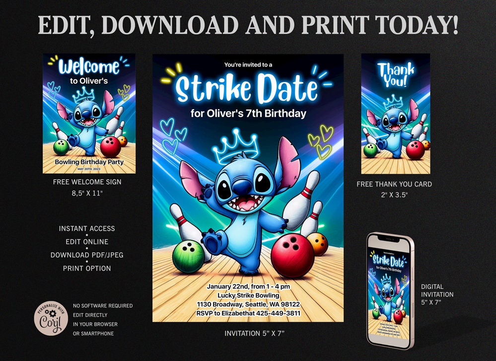 Stitch Bowling Birthday Invitation, Bowling Birthday Invitation, Strike ...