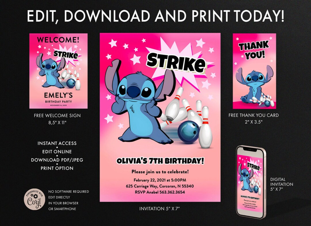 Stitch Bowling Birthday Invitation, Bowling Birthday Invitation, Strike ...