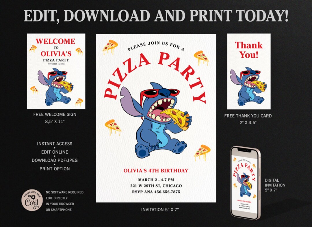 Stitch Pizza Party Invitation, Pizza Party Birthday Invitation, Stitch ...