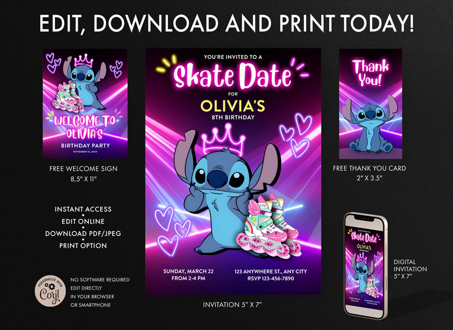 Stitch Rollerblades Birthday Invitation, Stitch Rollerblades Thank You ...