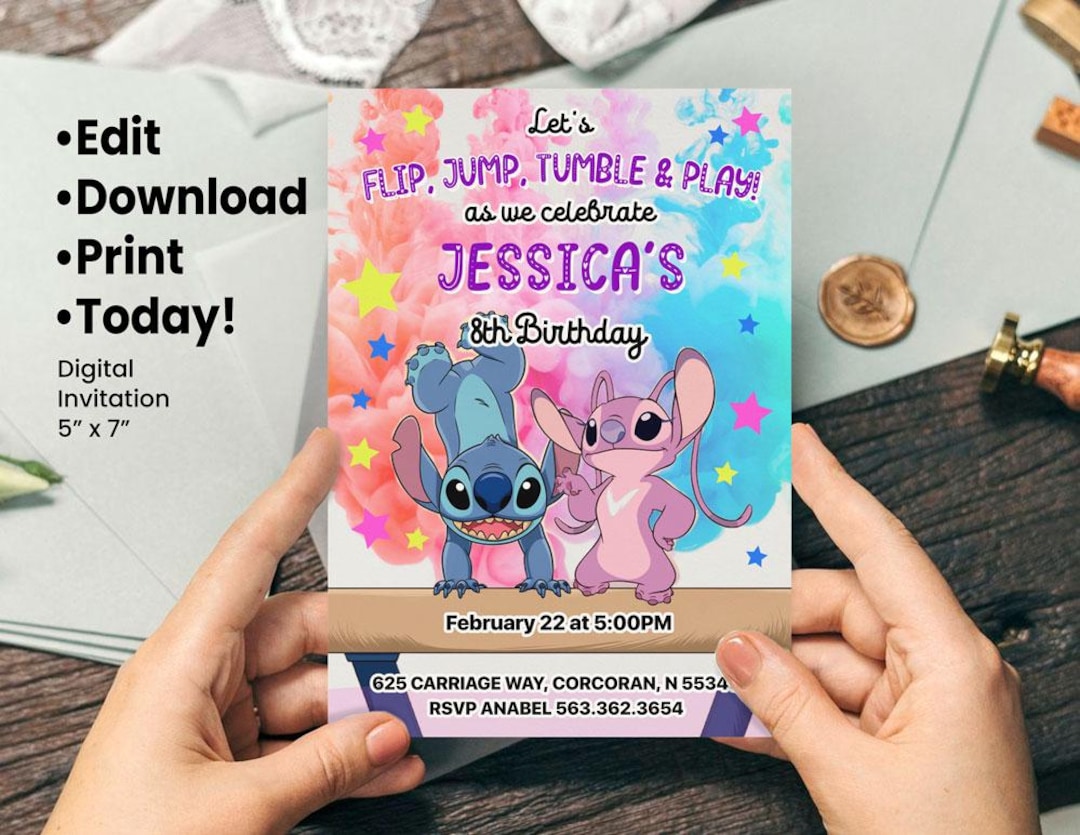 Stitch Gymnastics Birthday Invitation, Editable Party Template, Blue ...