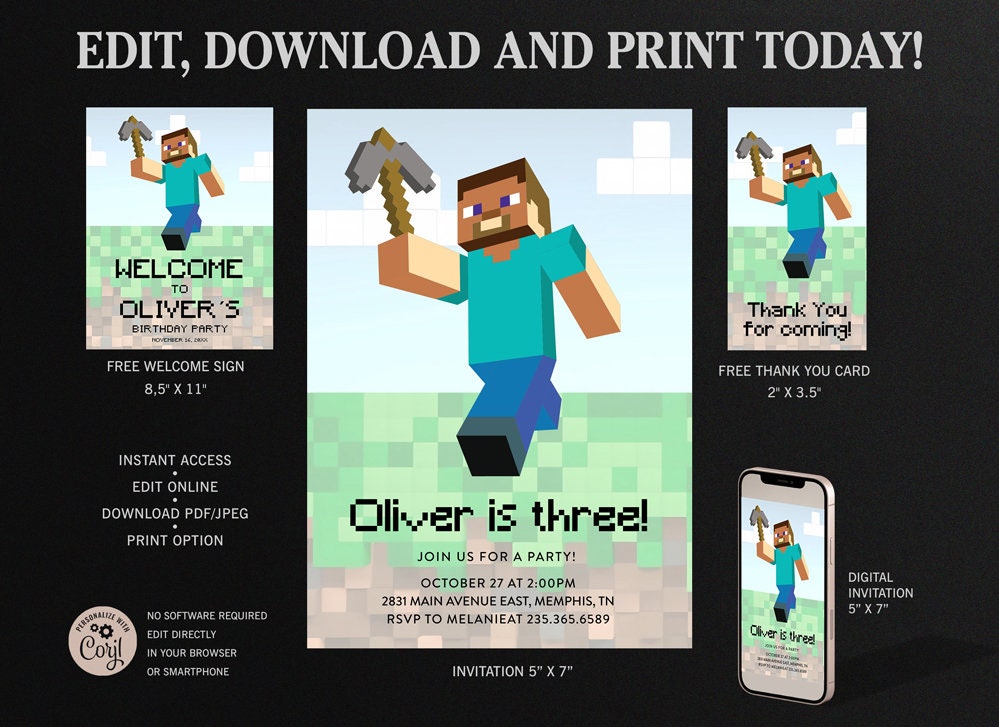 Minecraft Digital Invitation Steve Buy Steve From Minecraft Birthday