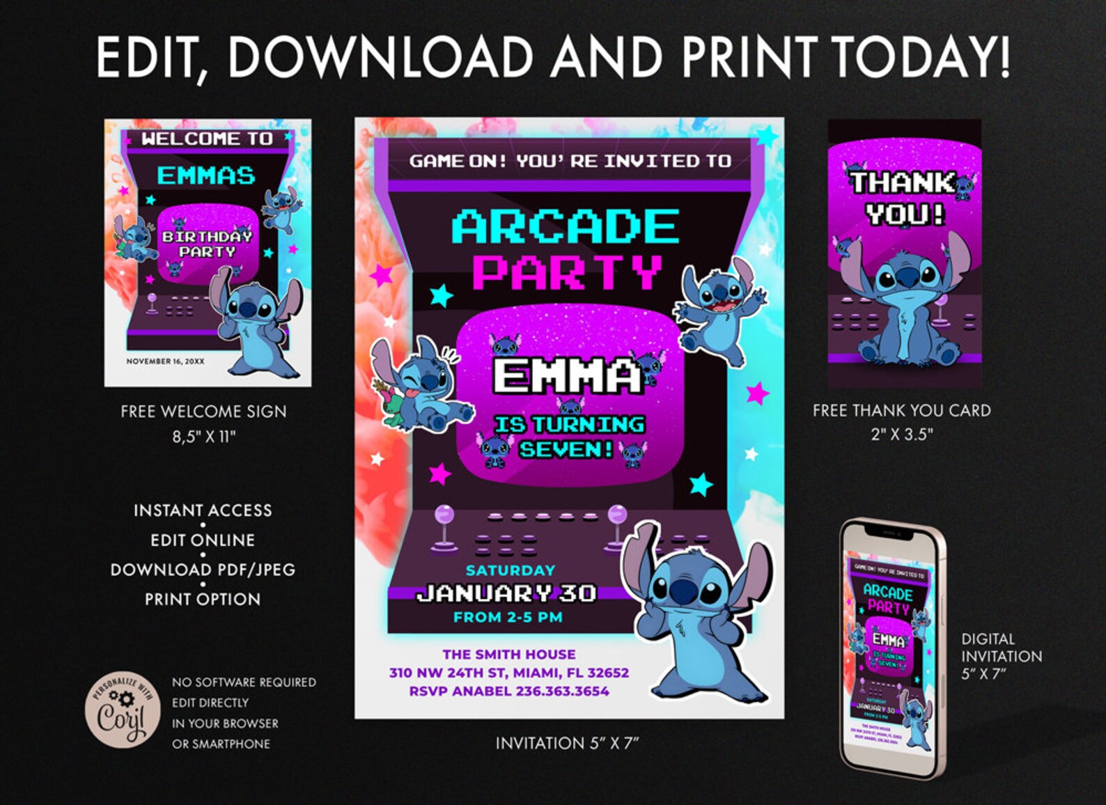 Stitch Arcade Party Birthday Invitation, Stitch Arcade Thank You Card ...