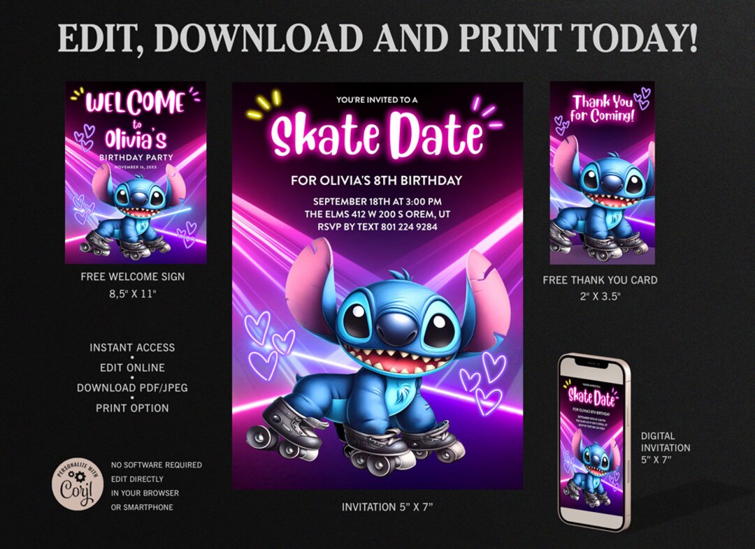 Stitch Roller Skating Birthday Invitation, Editable Party Template ...