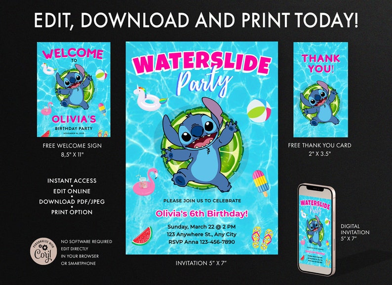 Stitch Waterslide Party Birthday Invitation Pool Stitch Party - Etsy