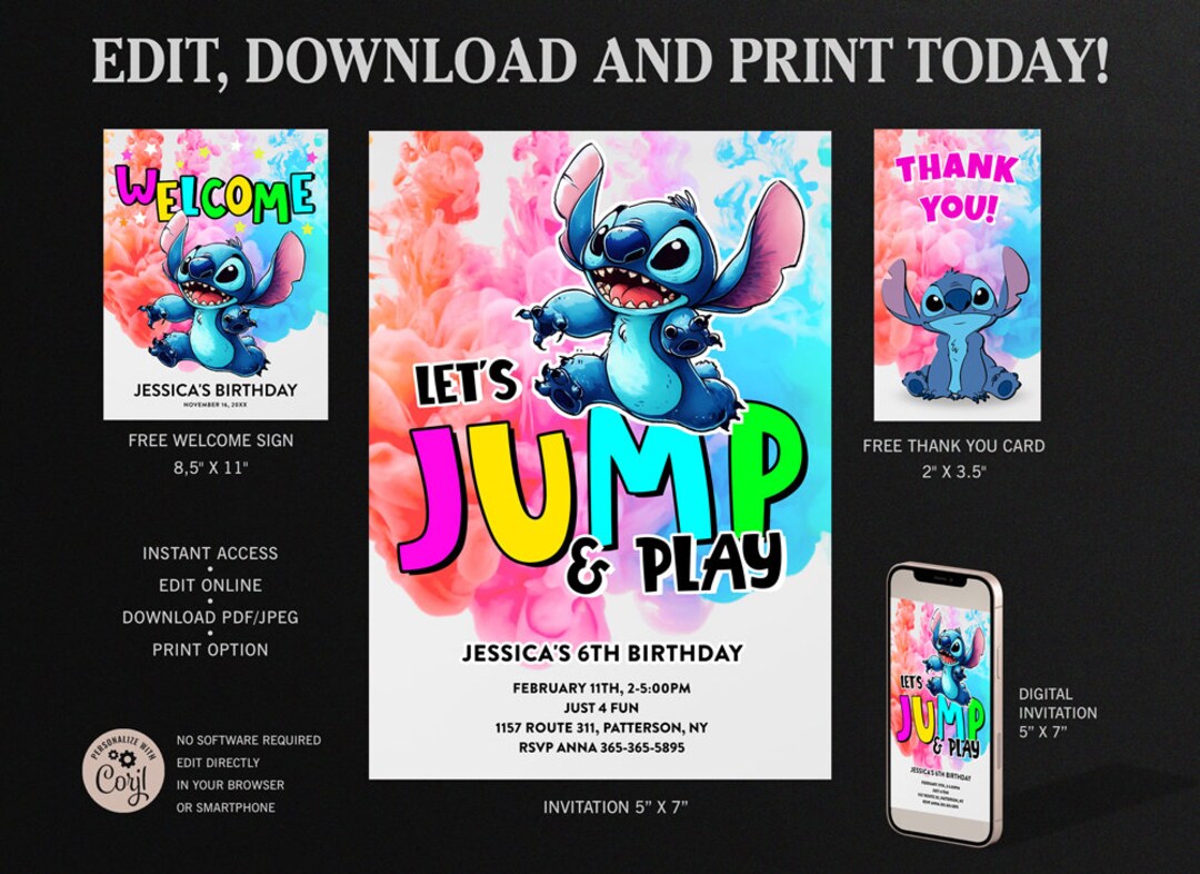 Stitch Jump and Play Birthday Invitation - Etsy