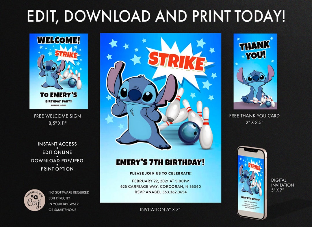 Invitación de cumpleaños de Stitch Bowling, tarjeta de agradecimiento ...