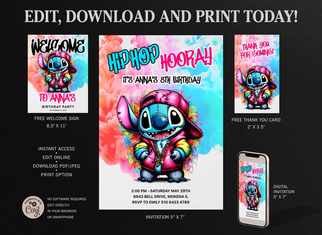 Stitch Hip Hop Birthday Invitation, Hip Hop Welcome Sign, Hip Hop Thank ...