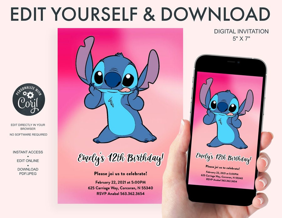 Stitch Birthday Invitation Etsy