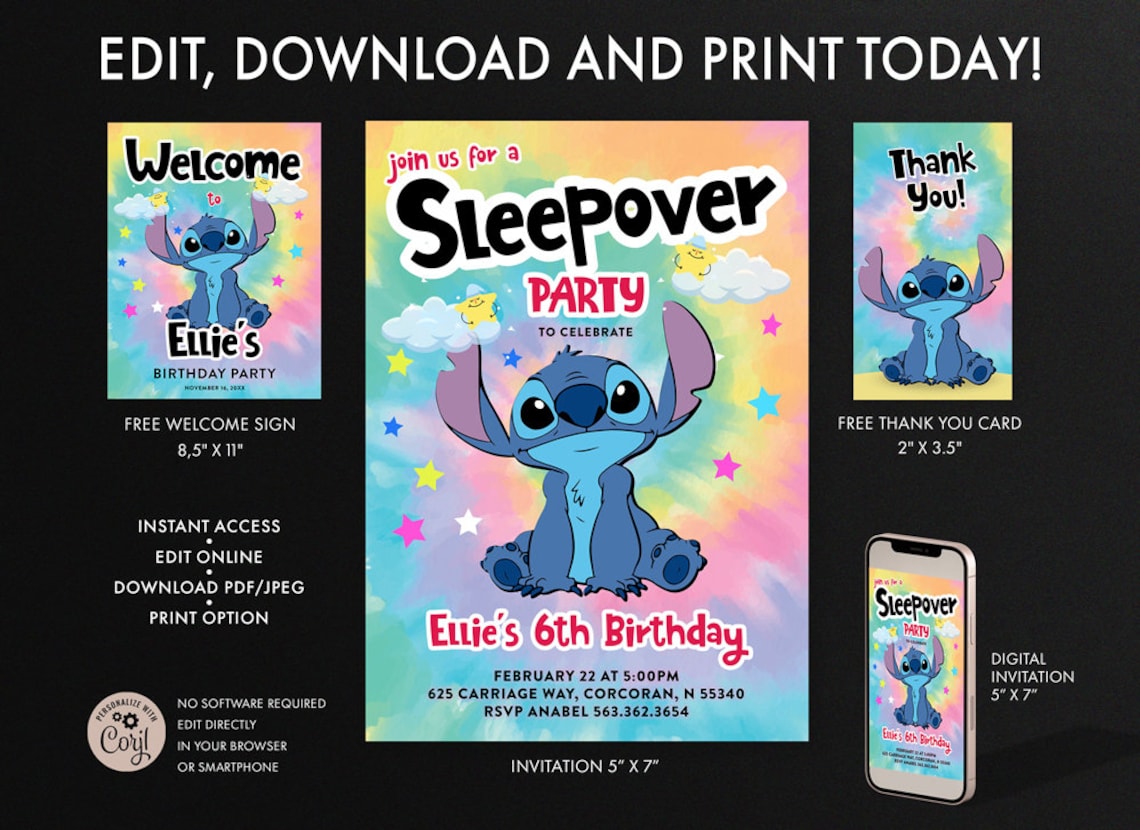 Sleepover Stitch Birthday Invitations Slumber Party - Etsy