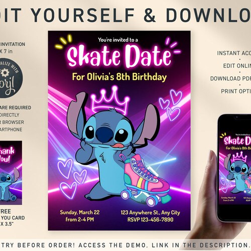 Stitch Roller Skating Birthday Invitation Thank You Card - Etsy