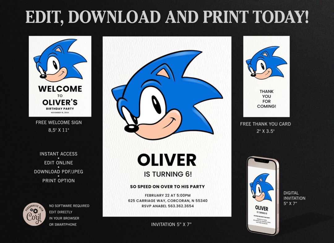 Sonic the Hedgehog Birthday Invitation, Thank You Card, Welcome Sign - Etsy