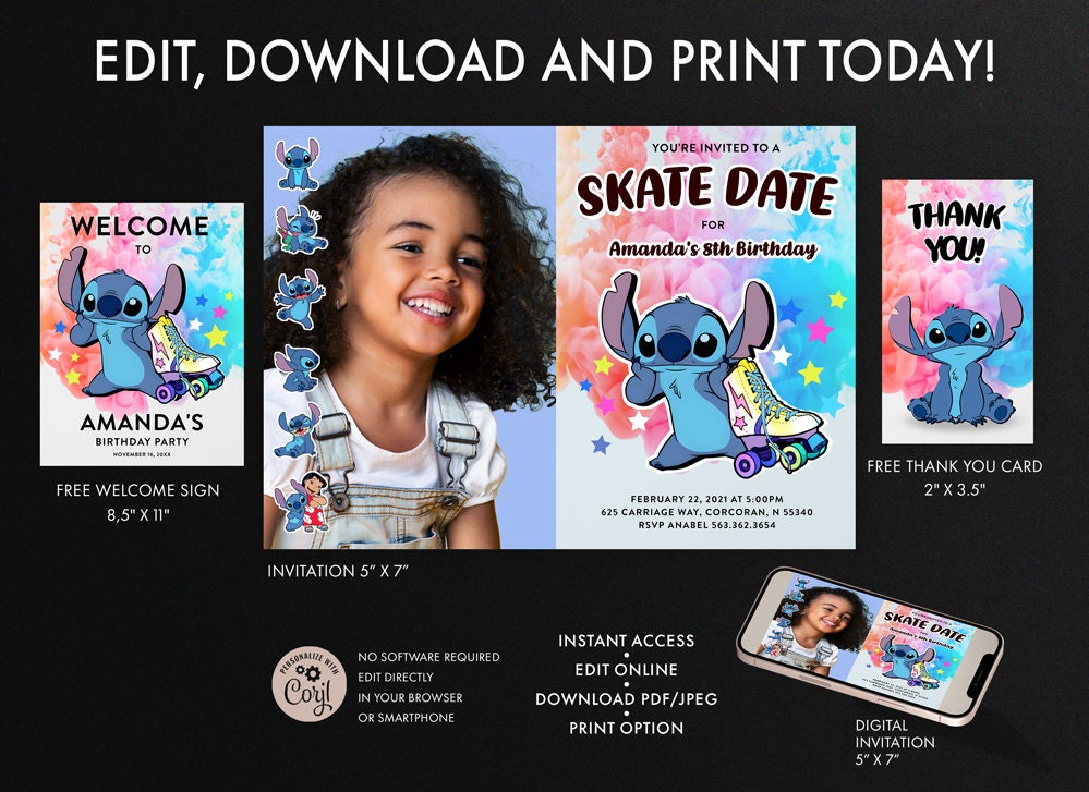 Stitch Roller Skating Birthday Invitation Stitch Roller - Etsy