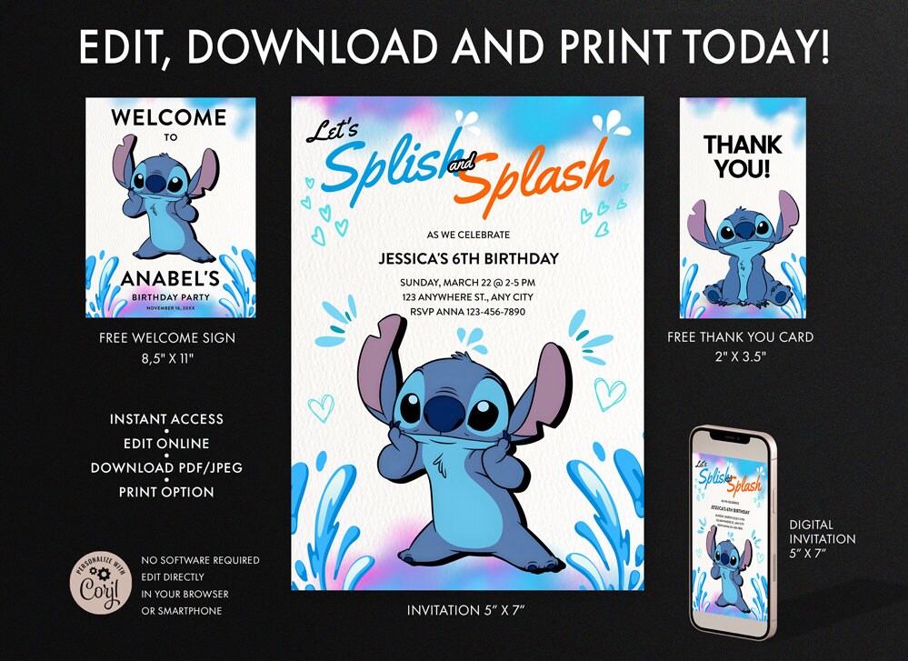 Stitch Splish Splash Birthday Invitation Stitch Splish Splash - Etsy