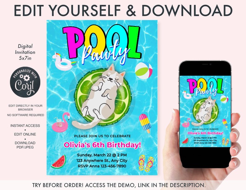 Cat Pool Party Birthday Invitation Pool Pawty Invitation Cat - Etsy